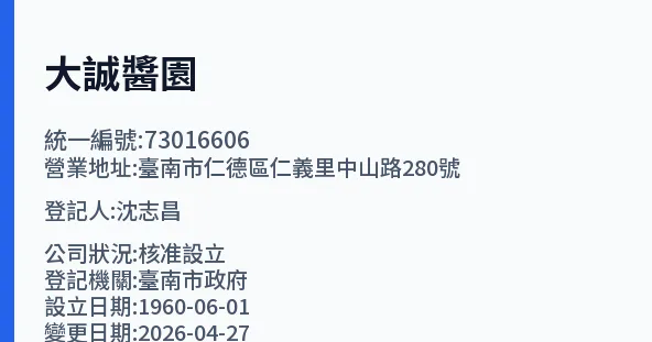 大誠醬園的照片-統編 73016606(臺南市) 公司登記資料與營業項目詳細圖表