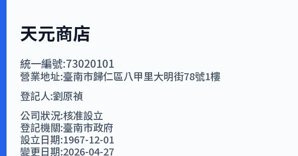 天元商店的照片-統編 73020101(臺南市) 公司登記資料與營業項目詳細圖表