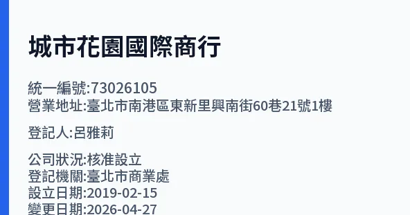 城市花園國際商行的照片-統編 73026105(臺北市) 公司登記資料與營業項目詳細圖表