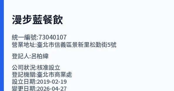 漫步藍餐飲的照片-統編 73040107(臺北市) 公司登記資料與營業項目詳細圖表