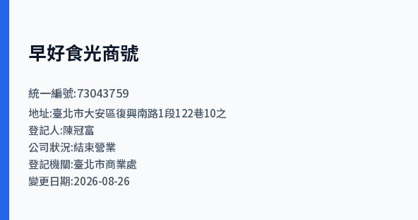 早好食光商號的照片-統編 73043759(臺北市) 公司登記資料與營業項目詳細圖表