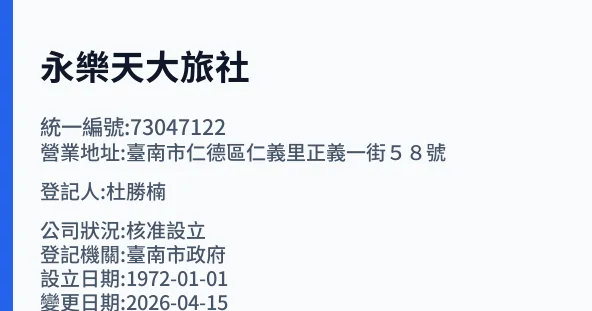 永樂天大旅社的照片-統編 73047122(臺南市) 公司登記資料與營業項目詳細圖表