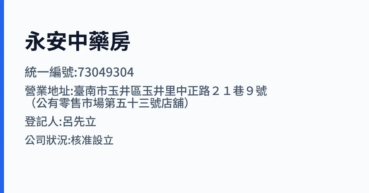 永安中藥房 - 統編 73049304(臺南市) 公司登記資料與營業項目詳細圖表