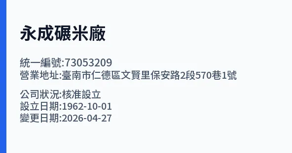永成碾米廠的照片-統編 73053209(臺南市) 公司登記資料與營業項目詳細圖表