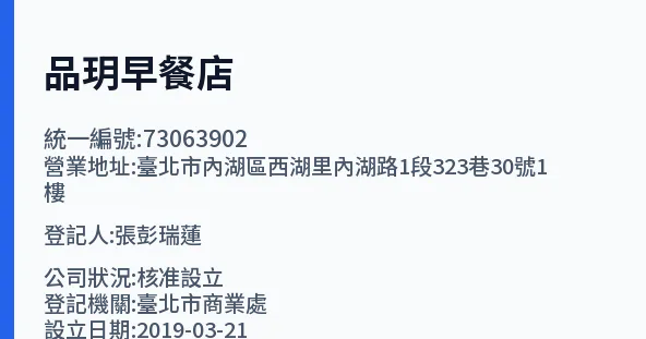 品玥早餐店的照片-統編 73063902(臺北市) 公司登記資料與營業項目詳細圖表