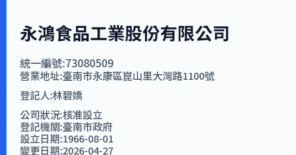 永鴻食品工業股份有限公司的照片-統編 73080509(臺南市) 公司登記資料與營業項目詳細圖表