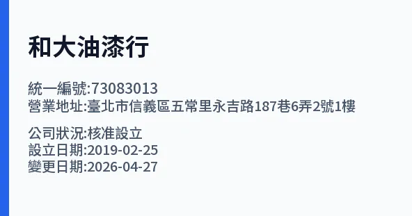 和大油漆行的照片-統編 73083013(臺北市) 公司登記資料與營業項目詳細圖表