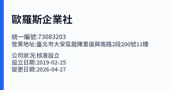 歐羅斯企業社的照片-統編 73083203(臺北市) 公司登記資料與營業項目詳細圖表