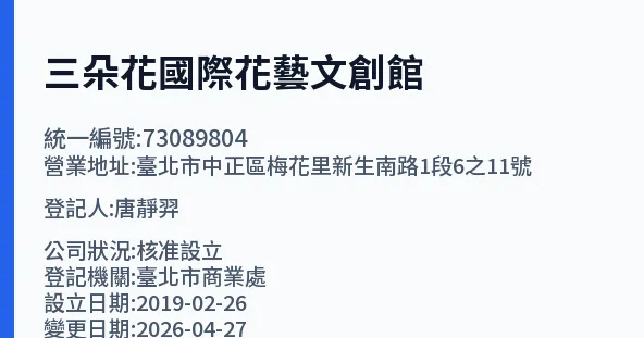 三朵花國際花藝文創館的照片-統編 73089804(臺北市) 公司登記資料與營業項目詳細圖表