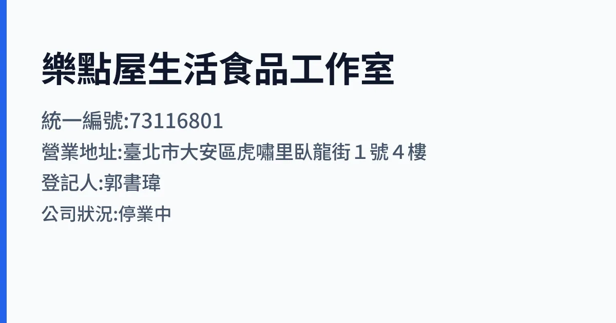 樂點屋生活食品工作室 - 統編 73116801(臺北市) 公司登記資料與營業項目詳細圖表