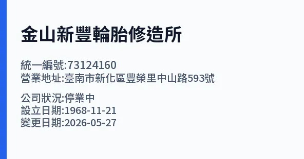 金山新豐輪胎修造所的照片-統編 73124160(臺南市) 公司登記資料與營業項目詳細圖表
