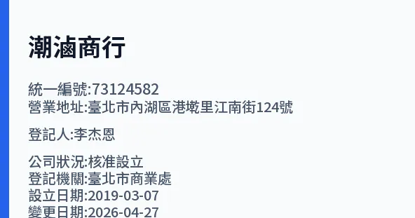 潮滷商行的照片-統編 73124582(臺北市) 公司登記資料與營業項目詳細圖表
