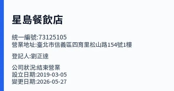 星島餐飲店的照片-統編 73125105(臺北市) 公司登記資料與營業項目詳細圖表