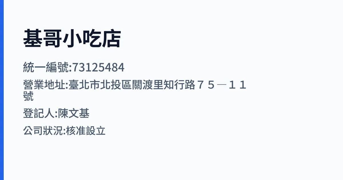 基哥小吃店 - 統編 73125484(臺北市) 公司登記資料與營業項目詳細圖表