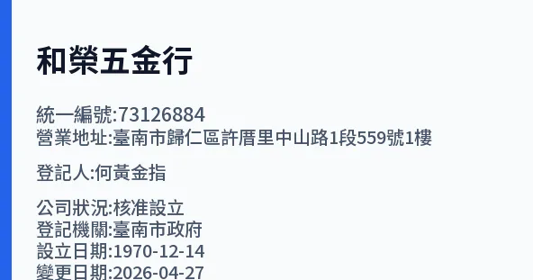 和榮五金行的照片-統編 73126884(臺南市) 公司登記資料與營業項目詳細圖表