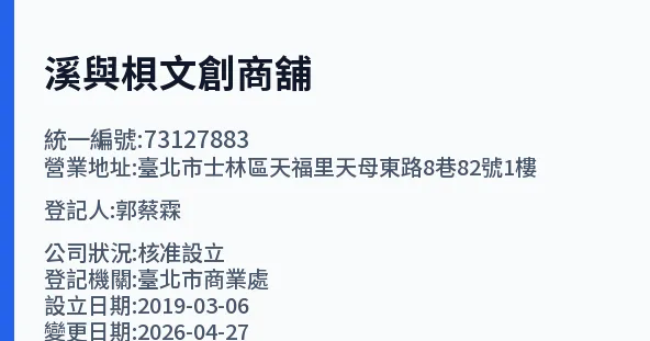 溪與梖文創商舖的照片-統編 73127883(臺北市) 公司登記資料與營業項目詳細圖表