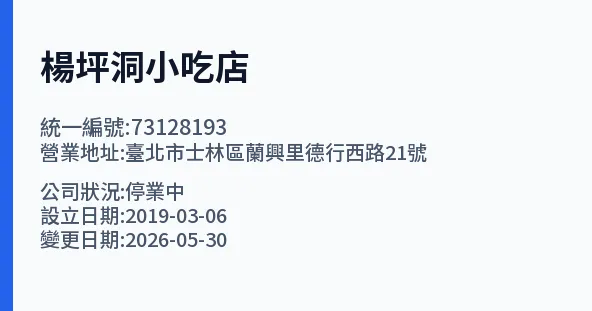 楊坪洞小吃店的照片-統編 73128193(臺北市) 公司登記資料與營業項目詳細圖表