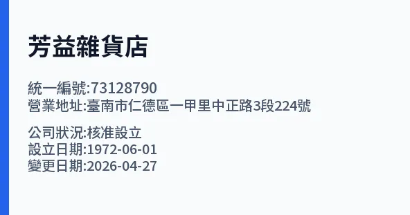 芳益雜貨店的照片-統編 73128790(臺南市) 公司登記資料與營業項目詳細圖表