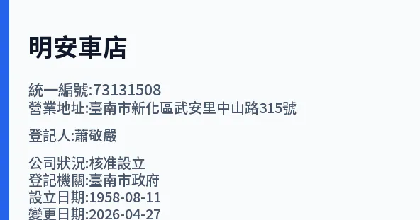 明安車店的照片-統編 73131508(臺南市) 公司登記資料與營業項目詳細圖表
