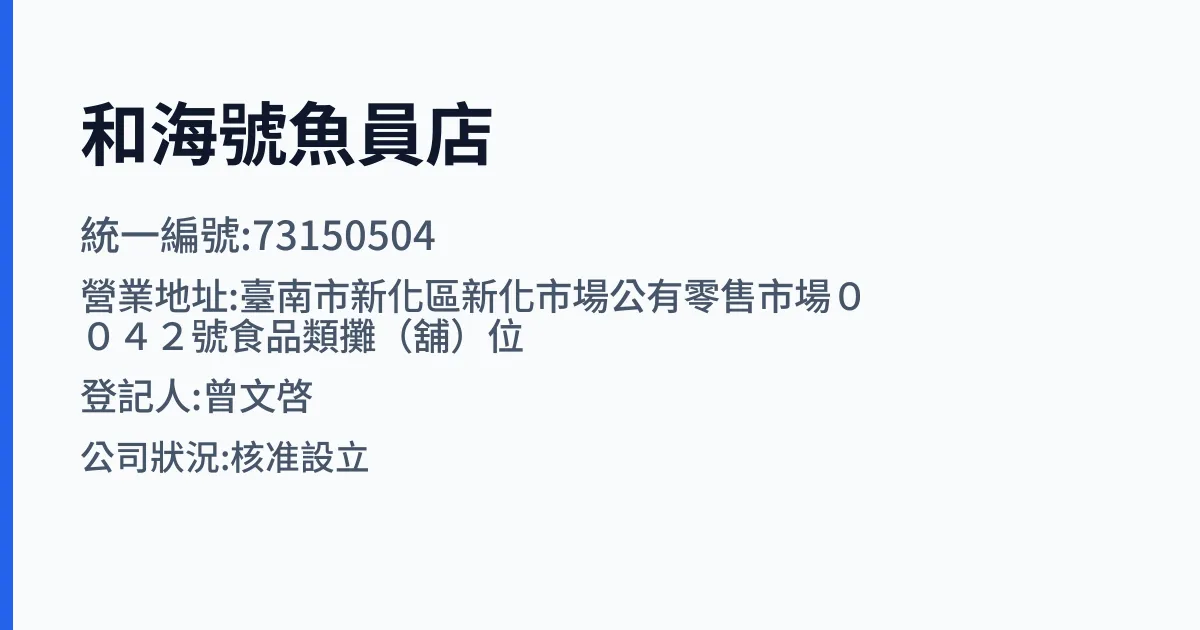 和海號魚員店 - 統編 73150504(臺南市) 公司登記資料與營業項目詳細圖表