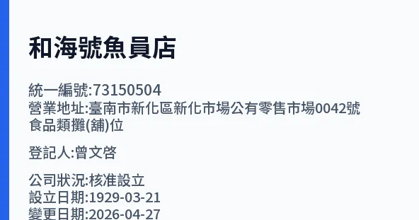 和海號魚員店的照片-統編 73150504(臺南市) 公司登記資料與營業項目詳細圖表