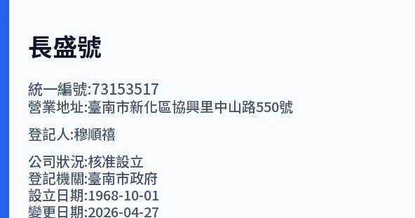 長盛號的照片-統編 73153517(臺南市) 公司登記資料與營業項目詳細圖表