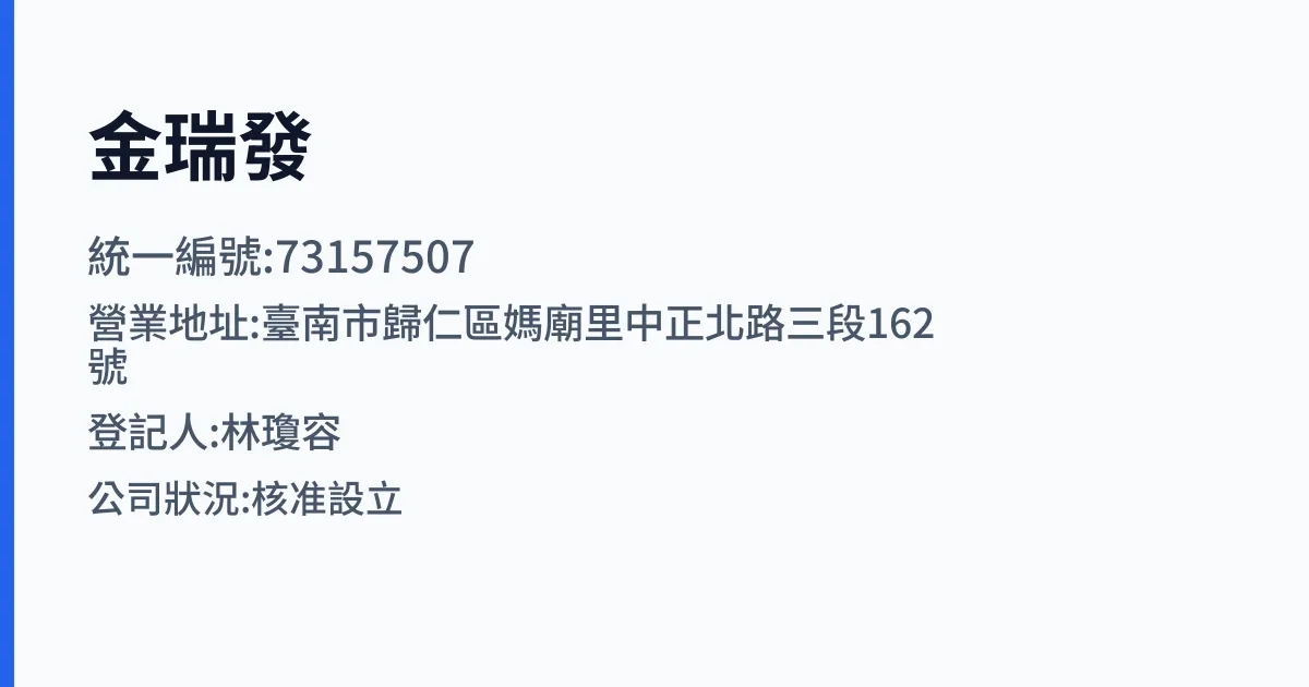 金瑞發 - 統編 73157507(臺南市) 公司登記資料與營業項目詳細圖表