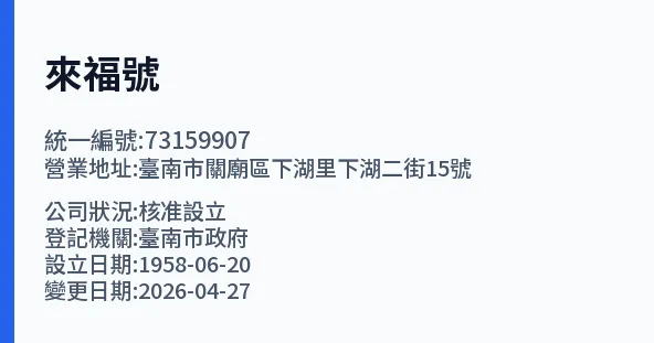 來福號的照片-統編 73159907(臺南市) 公司登記資料與營業項目詳細圖表