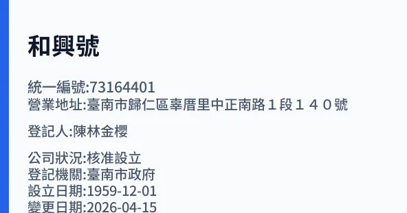 和興號的照片-統編 73164401(臺南市) 公司登記資料與營業項目詳細圖表