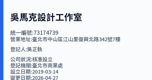 吳馬克設計工作室的照片-統編 73174739(臺北市) 公司登記資料與營業項目詳細圖表