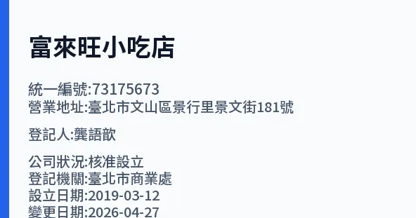 富來旺小吃店的照片-統編 73175673(臺北市) 公司登記資料與營業項目詳細圖表