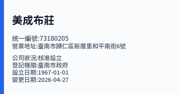 美成布莊的照片-統編 73180205(臺南市) 公司登記資料與營業項目詳細圖表