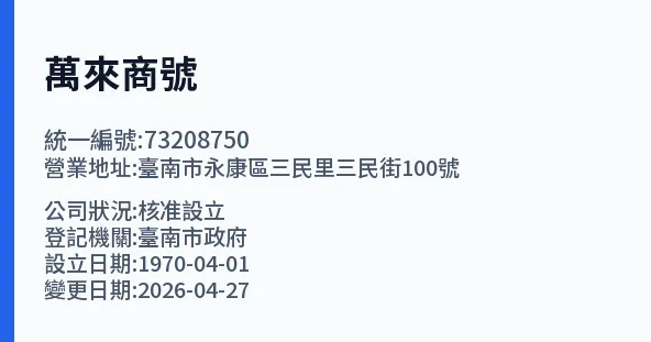 萬來商號的照片-統編 73208750(臺南市) 公司登記資料與營業項目詳細圖表