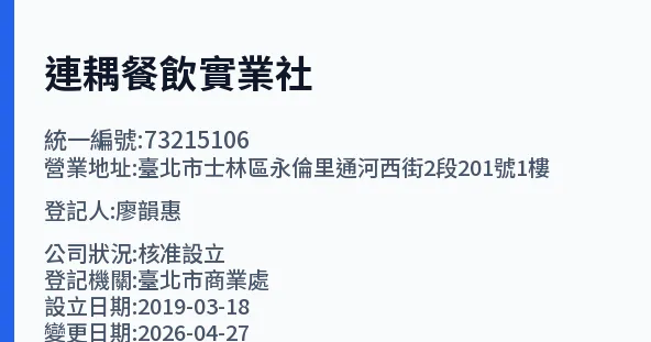 連耦餐飲實業社的照片-統編 73215106(臺北市) 公司登記資料與營業項目詳細圖表