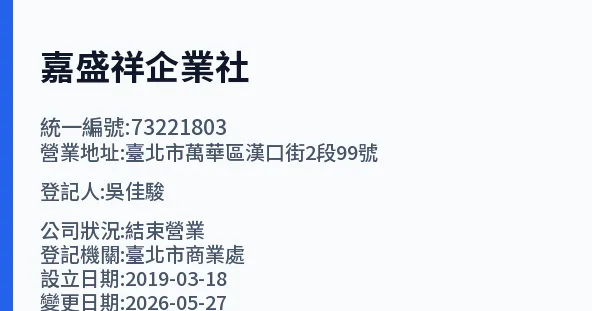嘉盛祥企業社的照片-統編 73221803(臺北市) 公司登記資料與營業項目詳細圖表