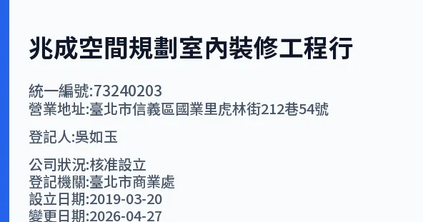 兆成空間規劃室內裝修工程行的照片-統編 73240203(臺北市) 公司登記資料與營業項目詳細圖表