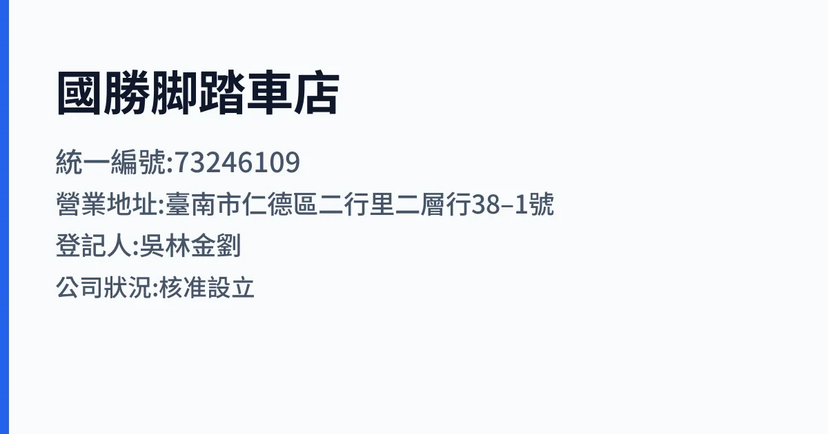 國勝脚踏車店 - 統編 73246109（臺南市） 公司登記資料與營業項目詳細圖表