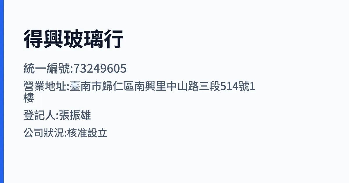 得興玻璃行 - 統編 73249605(臺南市) 公司登記資料與營業項目詳細圖表