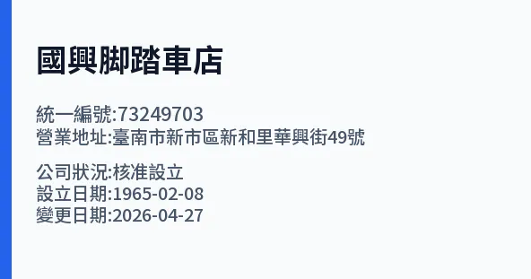 國興脚踏車店的照片-統編 73249703(臺南市) 公司登記資料與營業項目詳細圖表