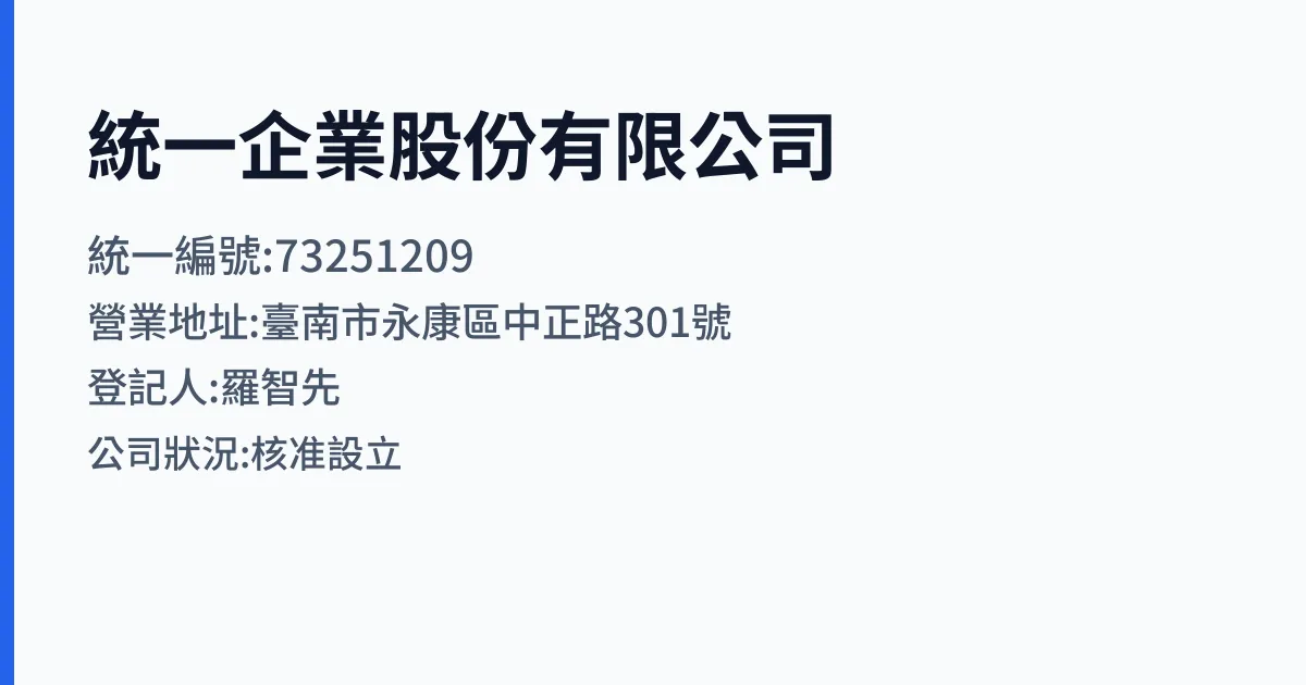 統一企業股份有限公司 - 統編 73251209(臺南市) 公司登記資料與營業項目詳細圖表