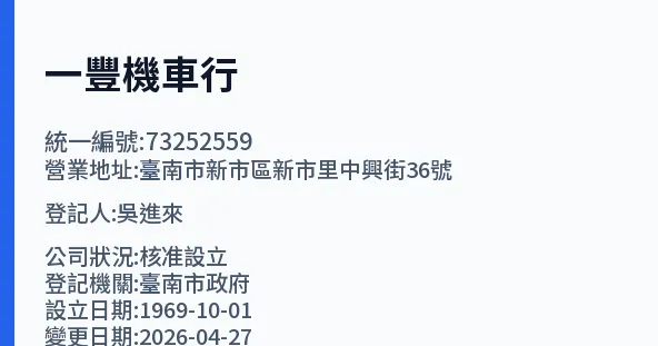 一豐機車行的照片-統編 73252559(臺南市) 公司登記資料與營業項目詳細圖表