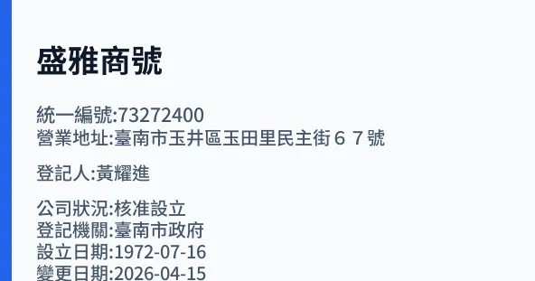 盛雅商號的照片-統編 73272400(臺南市) 公司登記資料與營業項目詳細圖表
