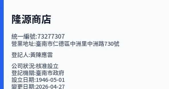 隆源商店的照片-統編 73277307(臺南市) 公司登記資料與營業項目詳細圖表