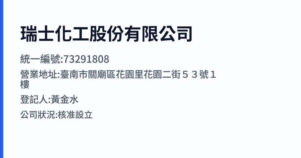 瑞士化工股份有限公司 - 統編 73291808(臺南市) 公司登記資料與營業項目詳細圖表