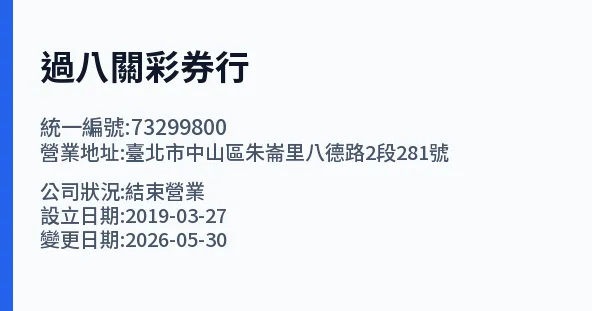 過八關彩券行的照片-統編 73299800(臺北市) 公司登記資料與營業項目詳細圖表