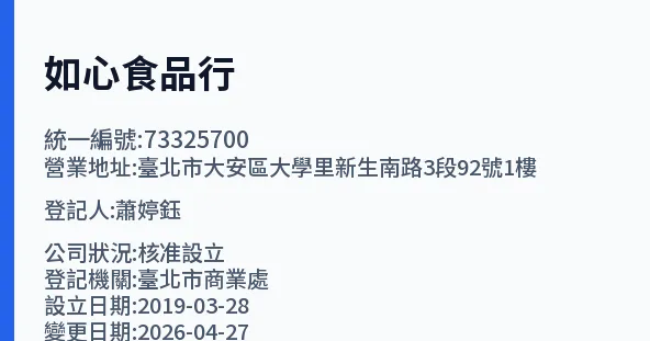 如心食品行的照片-統編 73325700(臺北市) 公司登記資料與營業項目詳細圖表