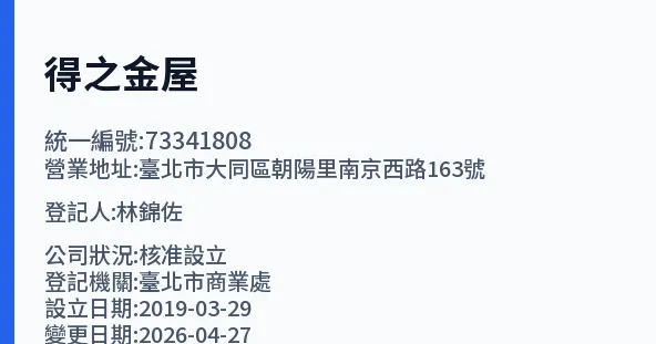 得之金屋的照片-統編 73341808(臺北市) 公司登記資料與營業項目詳細圖表