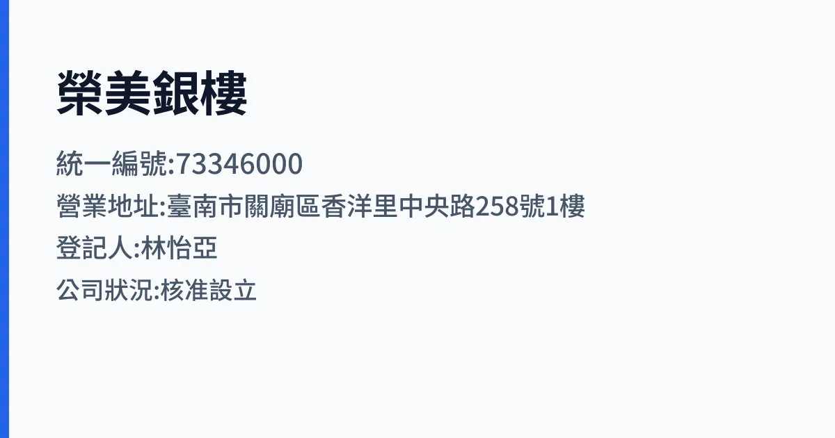 榮美銀樓 - 統編 73346000(臺南市) 公司登記資料與營業項目詳細圖表