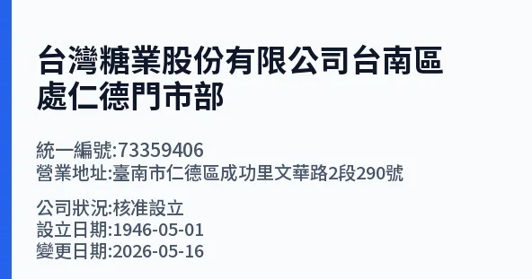 台灣糖業股份有限公司台南區處仁德門市部的照片-統編 73359406(臺南市) 公司登記資料與營業項目詳細圖表