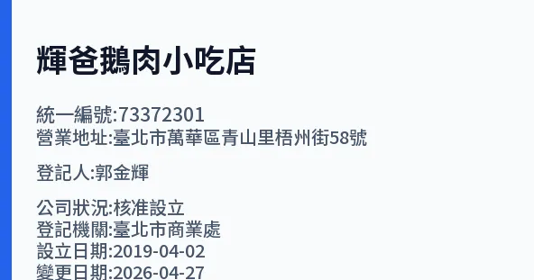輝爸鵝肉小吃店的照片-統編 73372301(臺北市) 公司登記資料與營業項目詳細圖表